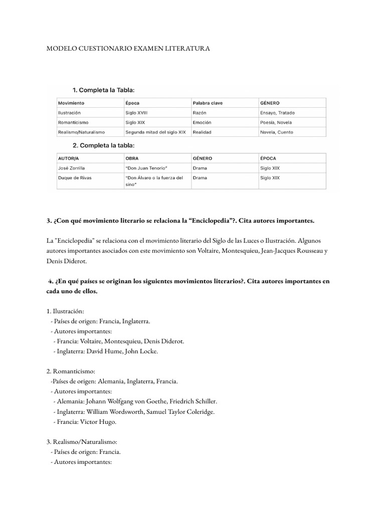 Modelo Examen Literatura | PDF | Realismo literario | Era de iluminacion