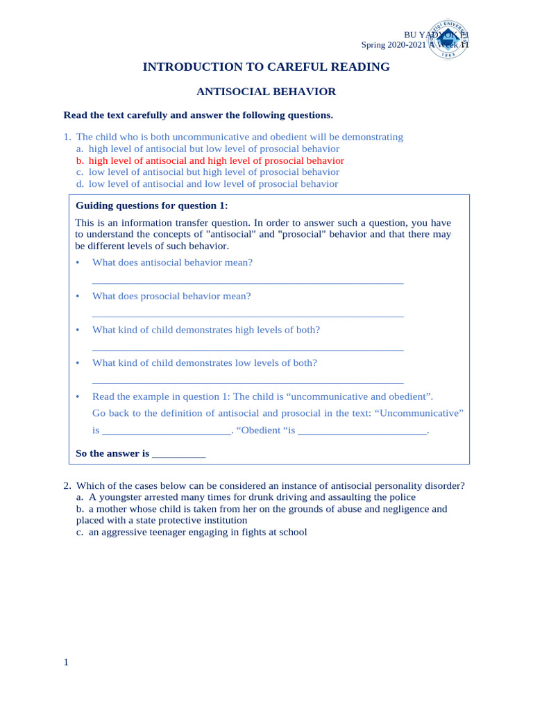 W11 Intro To Careful Reading (QS) STUDENT Kopyası | PDF | Antisocial Personality Disorder | Anti ...