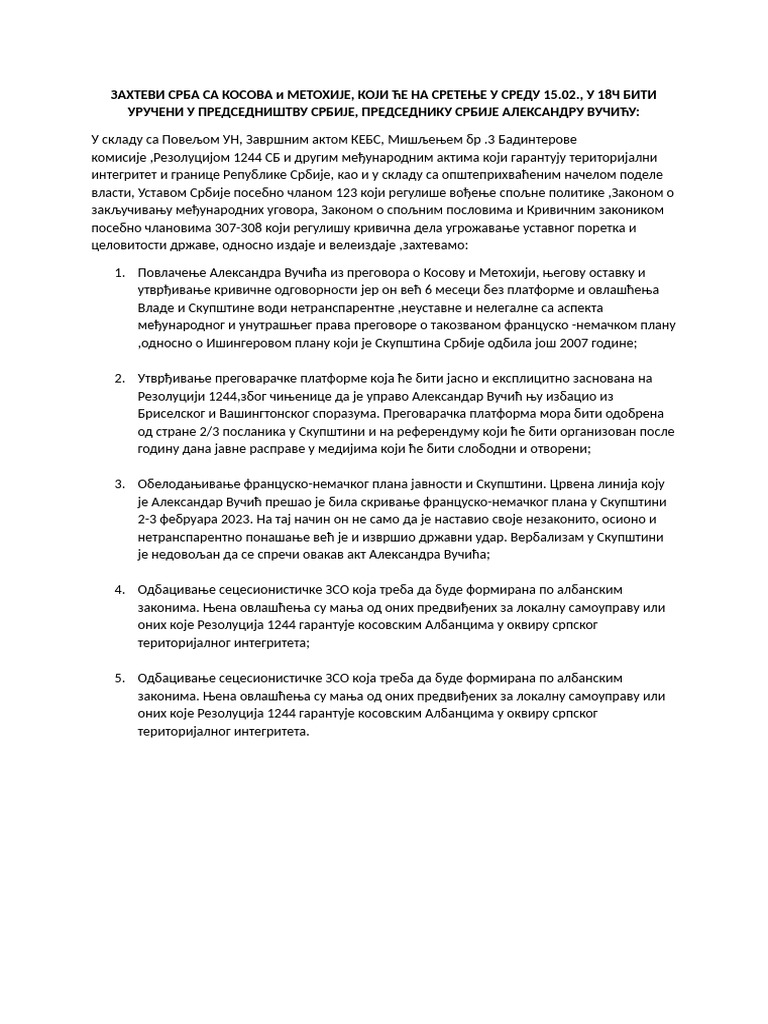 Zahtevi Srba Sa Kosova I Metohije | PDF