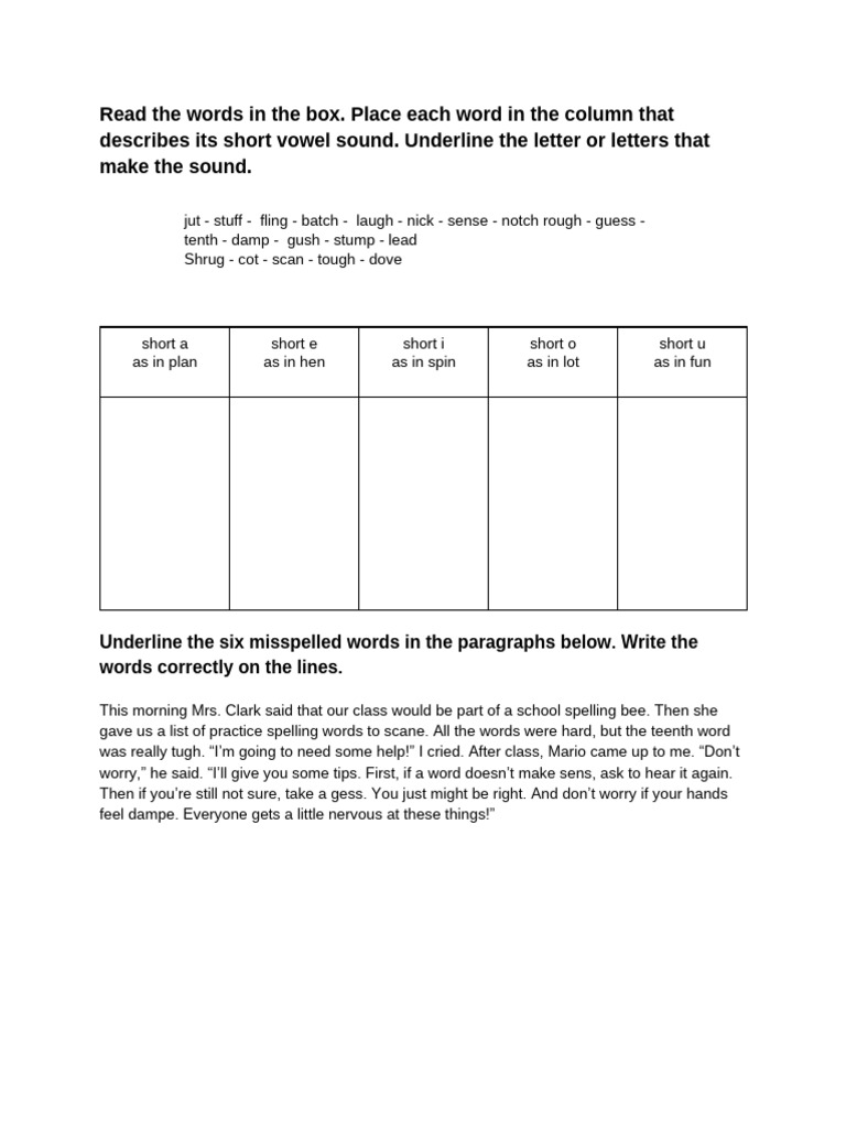 Short Vowel Sounds and Spelling Practice | PDF