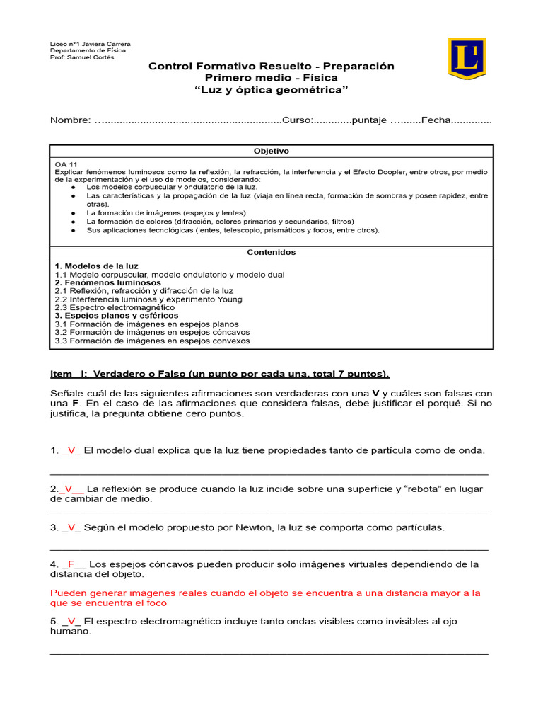 (Resuelto) Preparaci-N - 1 - Medio - Luz y - Ptica Geom-Trica | PDF | Ligero | Difracción