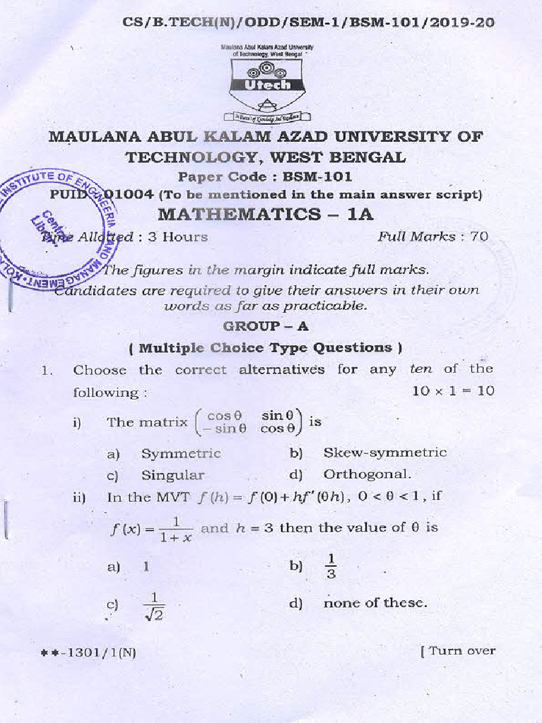 Mathematics- 1A_BSM 101_2019 | PDF