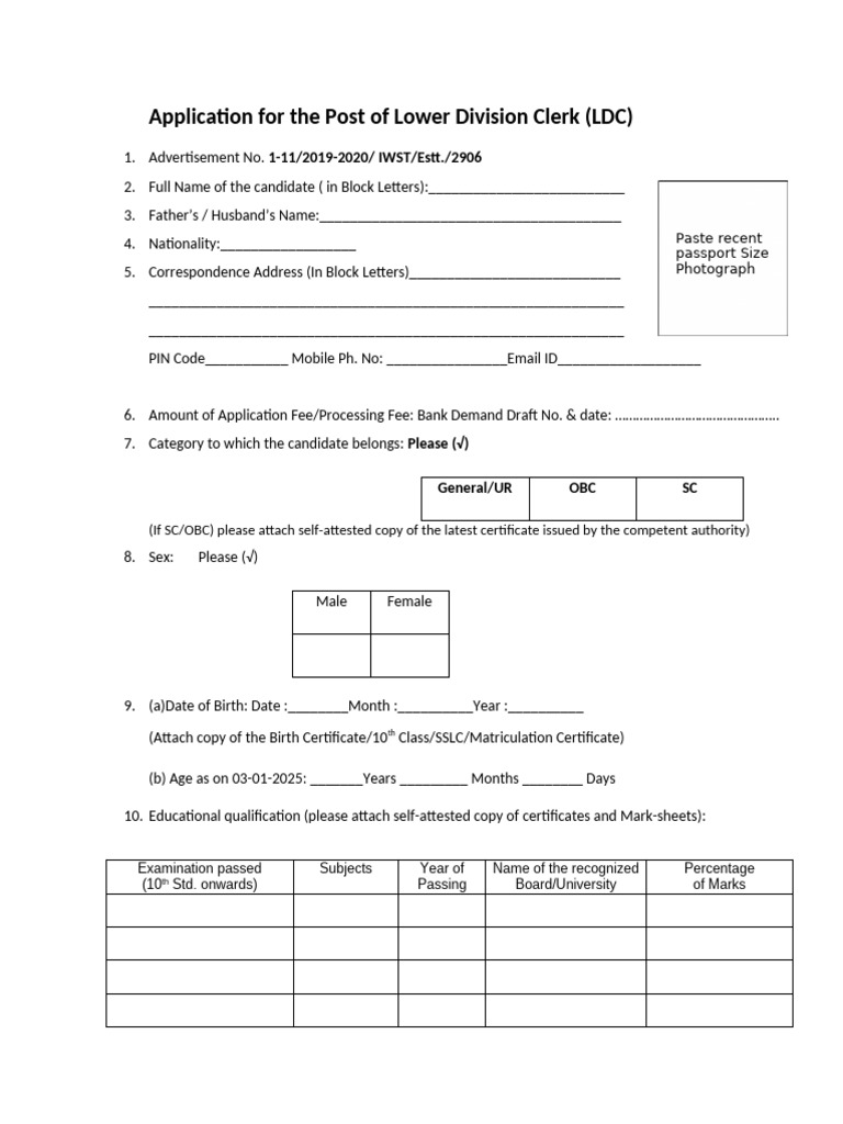 Application For The Post of LDC | PDF