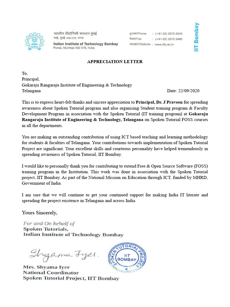 APPRECIATION LETTER_Principal GRIET | PDF