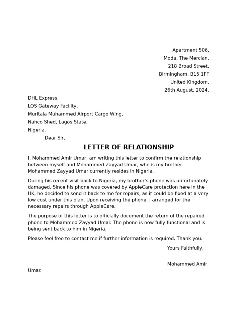 Letter of Relationship | PDF