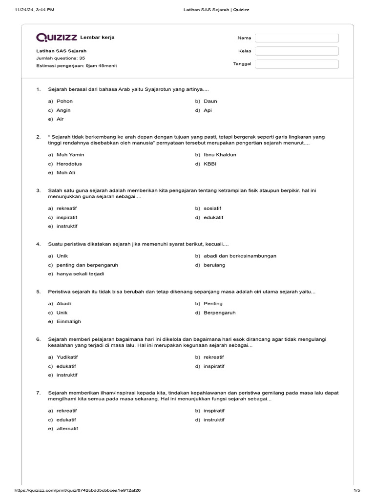 Latihan Soal Sejarah SAS | PDF