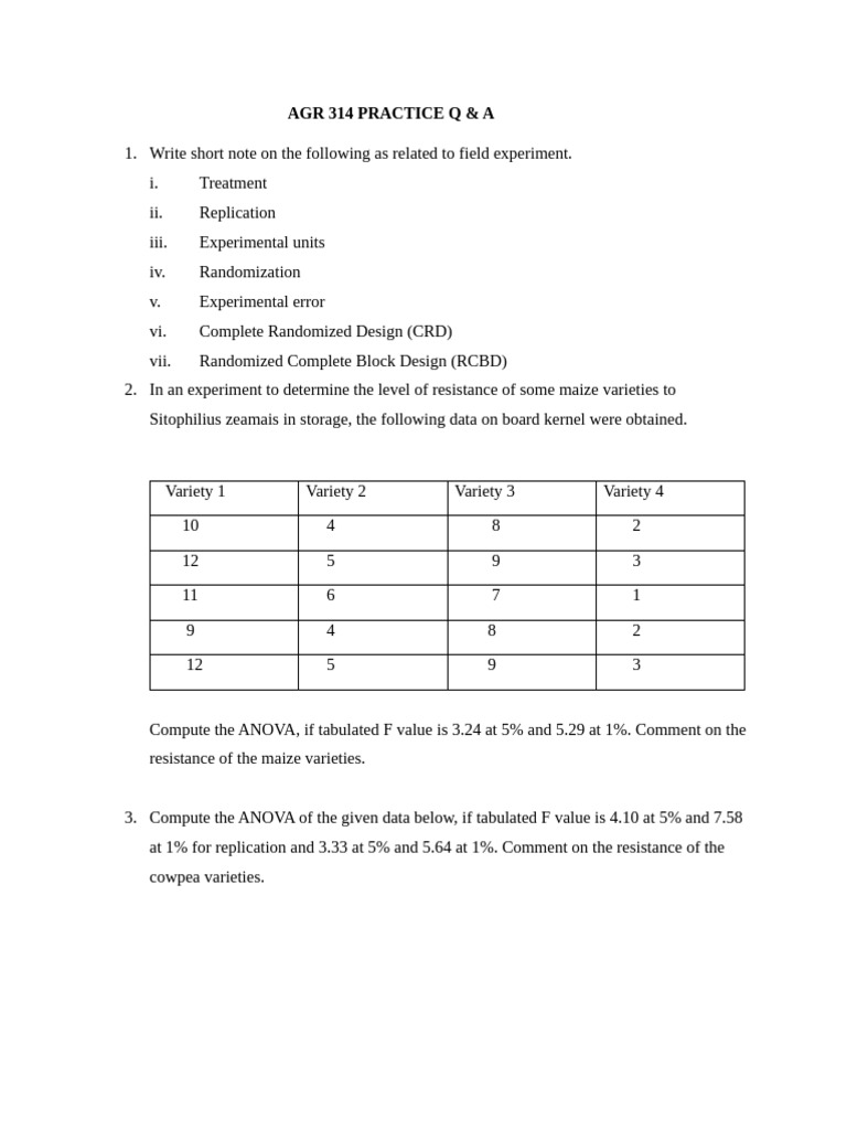 AGR 314 PRACTICE Q & A | PDF | Mean | Experiment