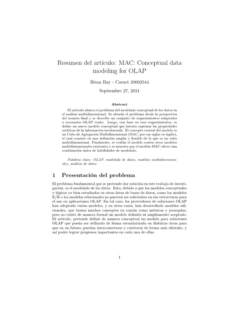Resumen Del Articulo MAC Conceptual Data Modeling For OLAP | PDF | Bases de datos | Informática