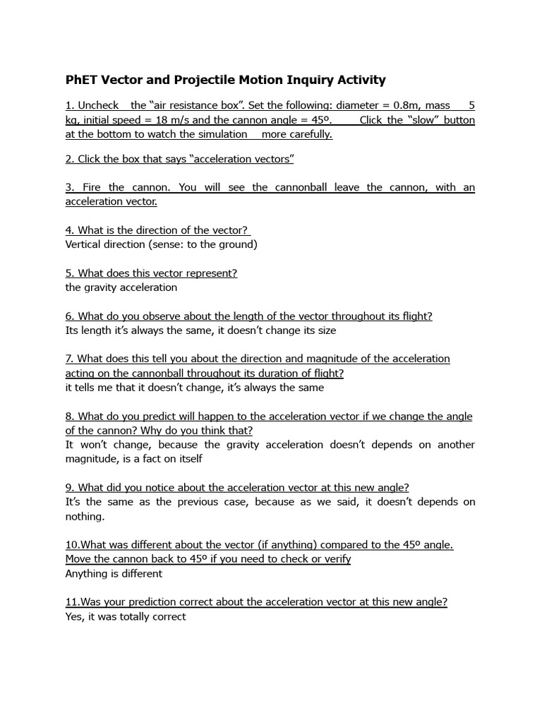 PhET Vector and Projectile Motion Inquiry Activity | PDF | Acceleration ...