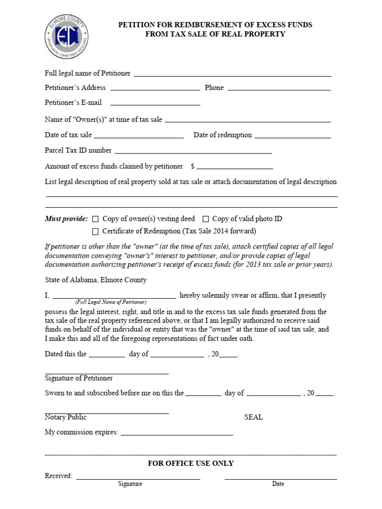 Petition For Reimbursement of Excess Funds 2022 Form | PDF