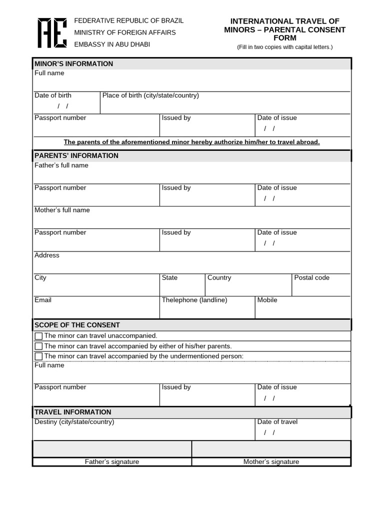 Minor'S Information: International Travel of Minors - Parental Consent ...