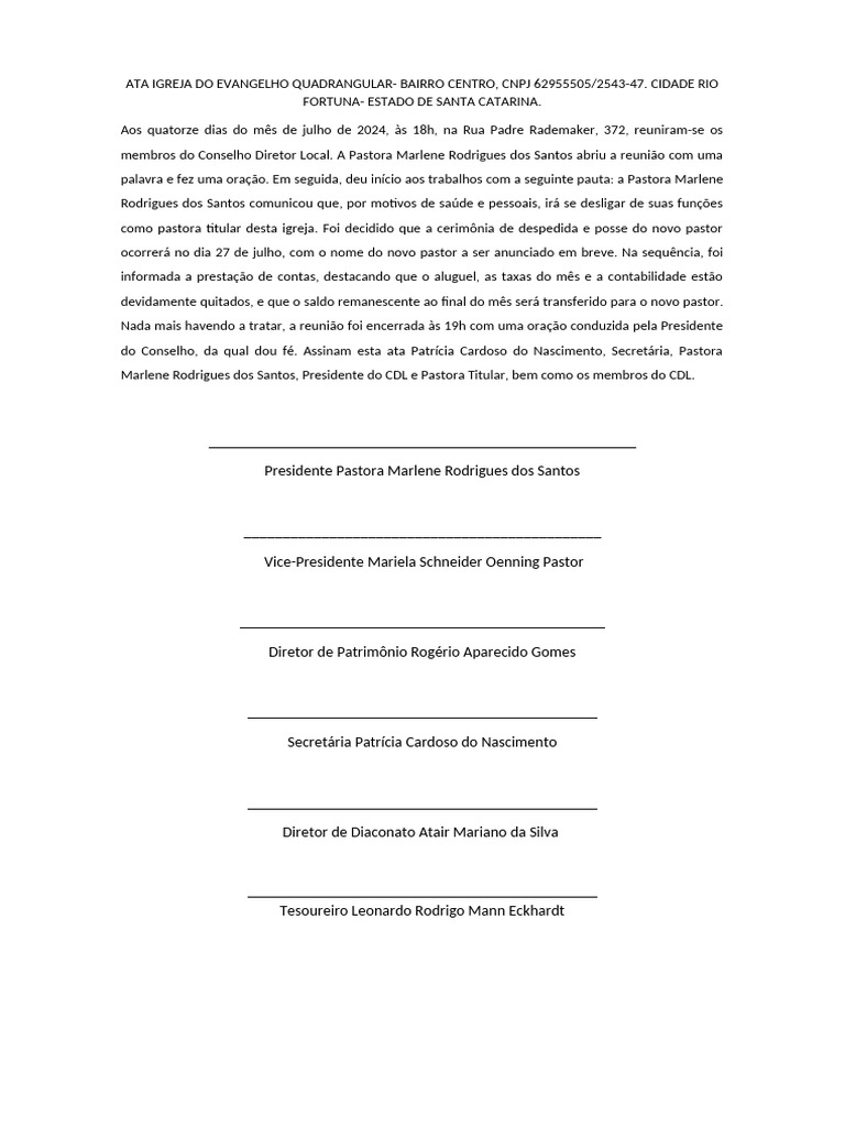 Ata Assembleia Geral Igreja Do Evangelho Quadrangular | PDF