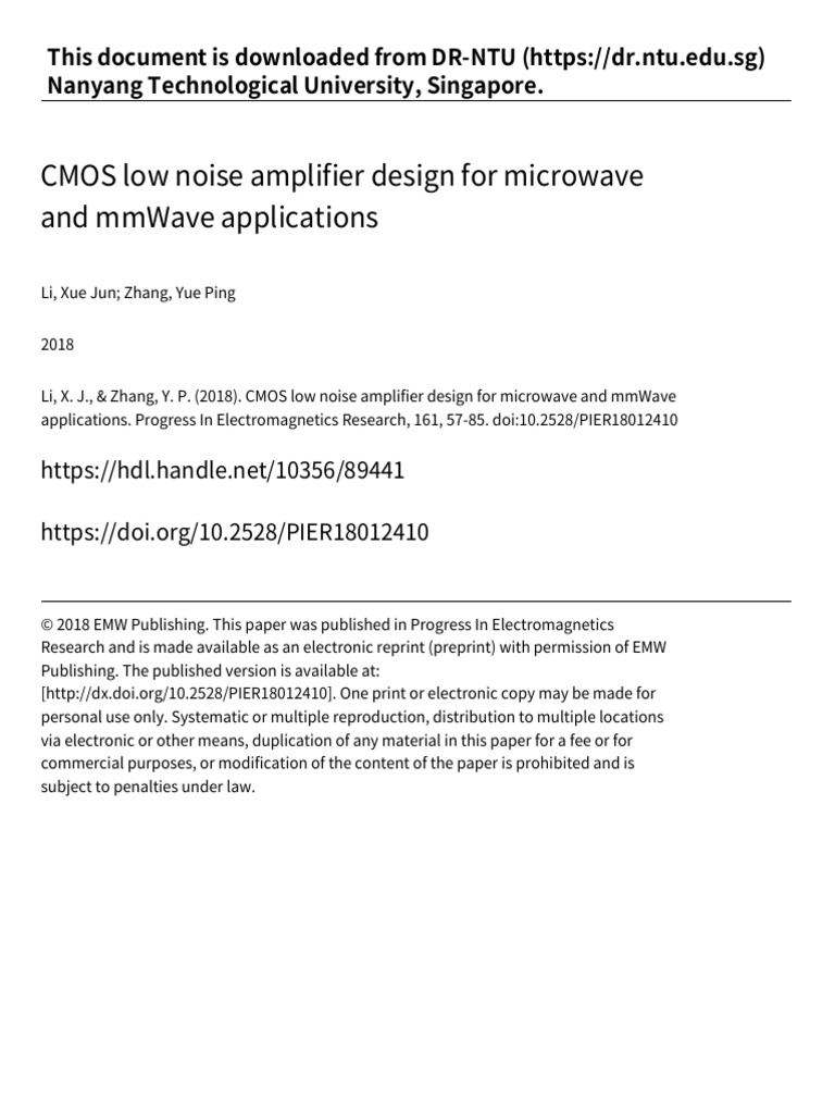 CMOS low noise amplifier design for microwave and mmWave applications - Li, Xue Jun; Zhang, Yue ...