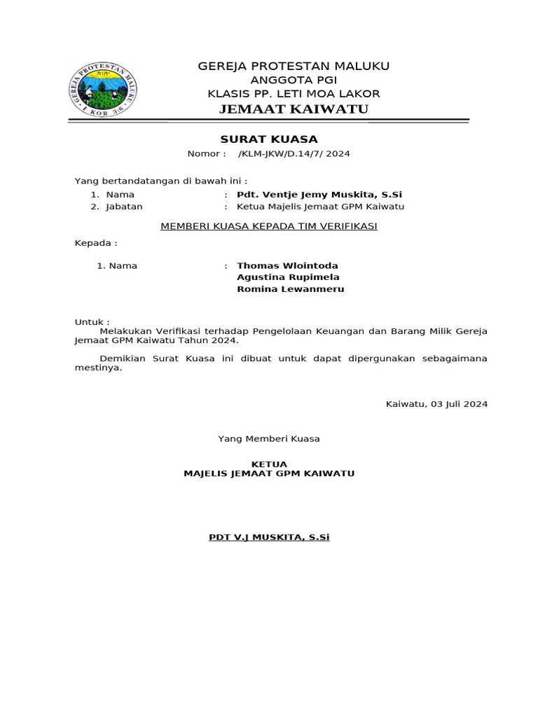 Surat Kuasa Verifikasi Keuangan GPM Kaiwatu | PDF