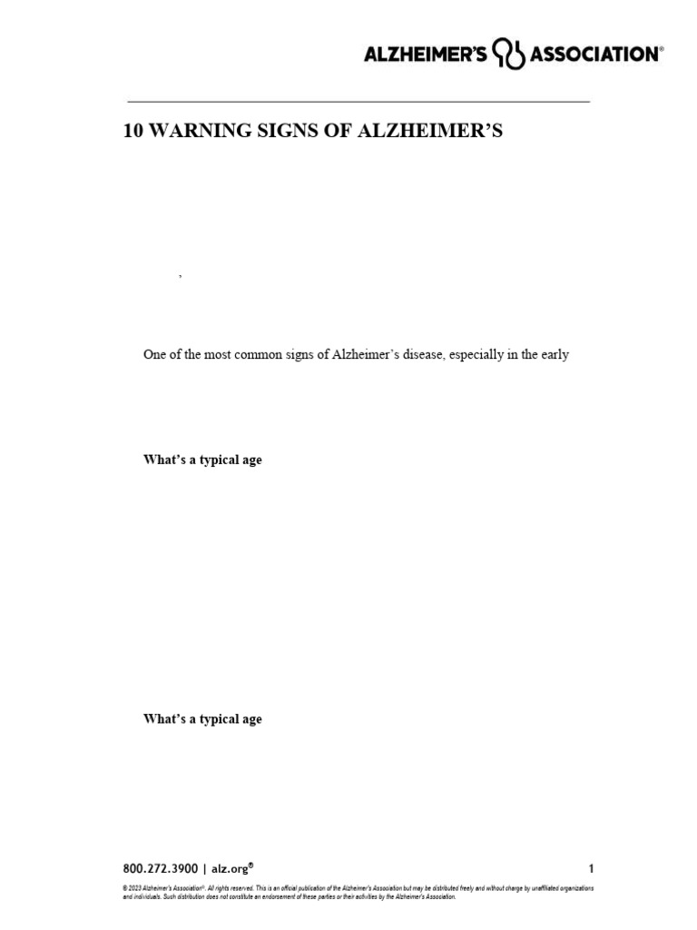Alzheimers Dementia 10 Warning Signs Worksheet | PDF | Alzheimer's ...