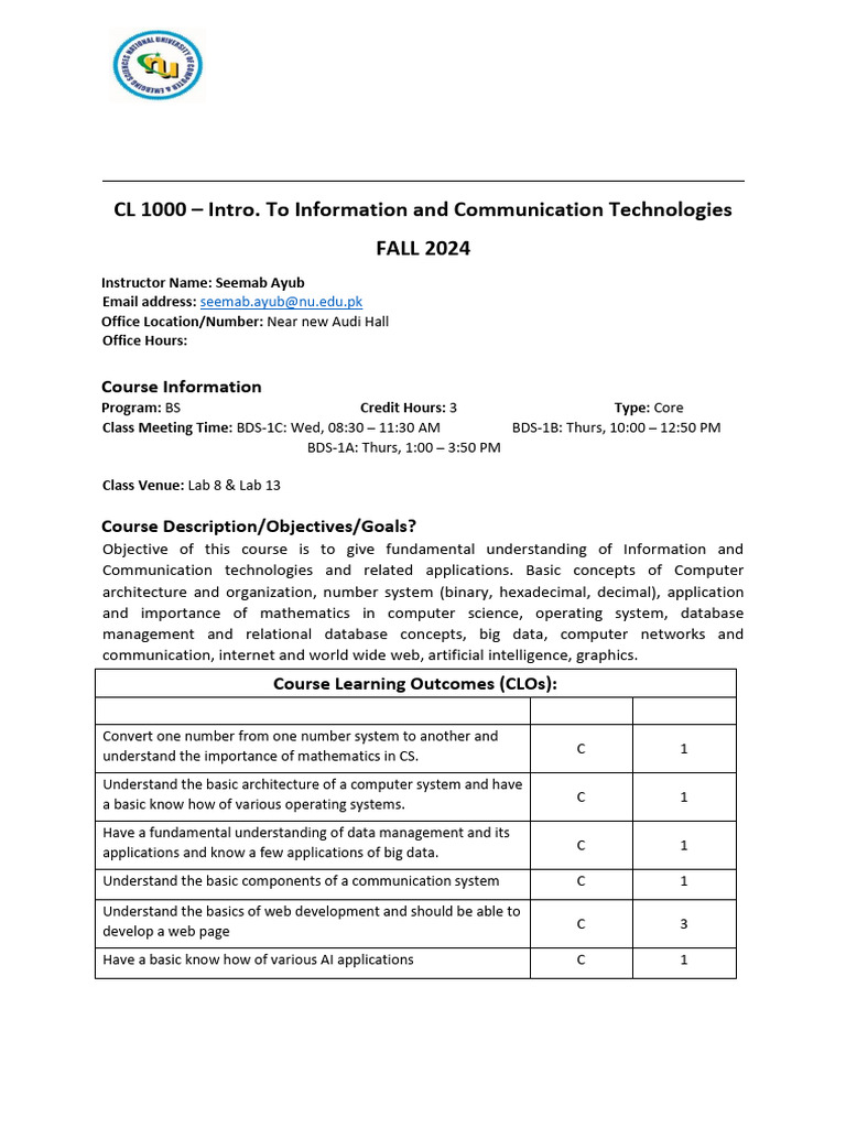 Ict Course Outline Pdf Application Software System