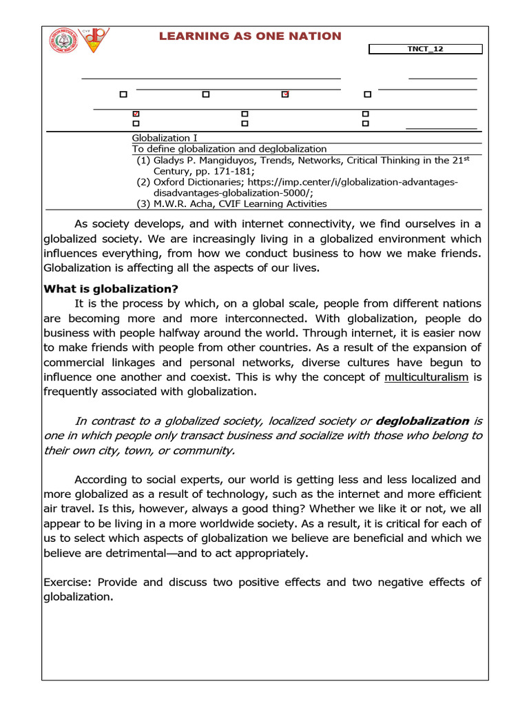 TNCT LAS 12 Globalization | PDF | Globalization | Cognition