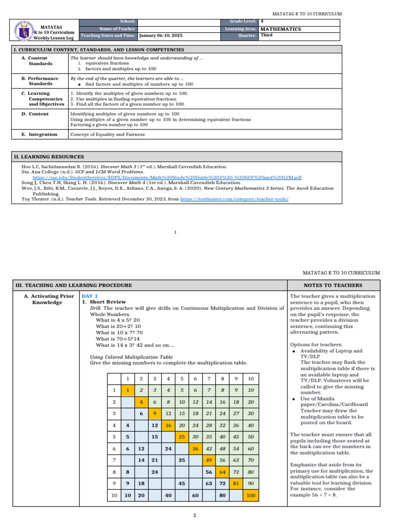 DLL Matatag - Math 4 Q3 W2 | PDF | Multiplication | Elementary Mathematics