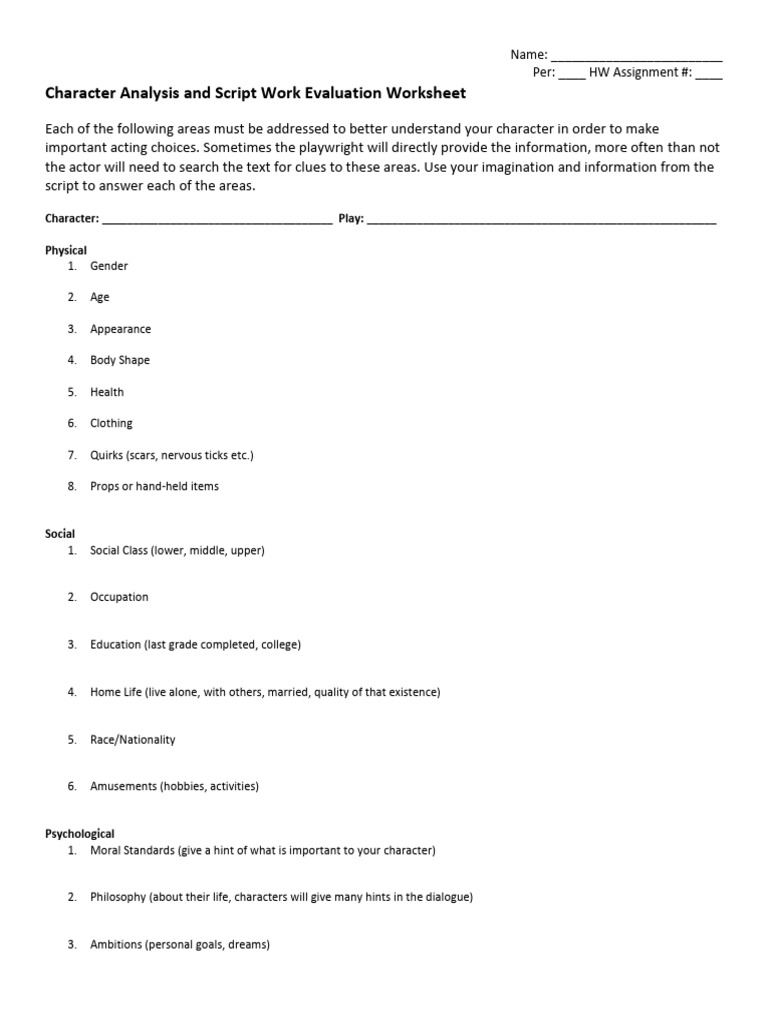 Acting Character Analysis Worksheet | PDF