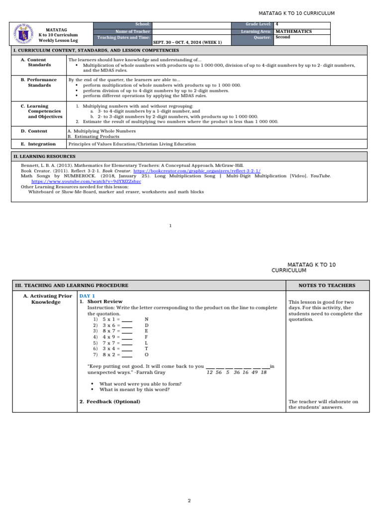DLL Matatag - Math 4 Q2 W1 | PDF | Curriculum | Teachers