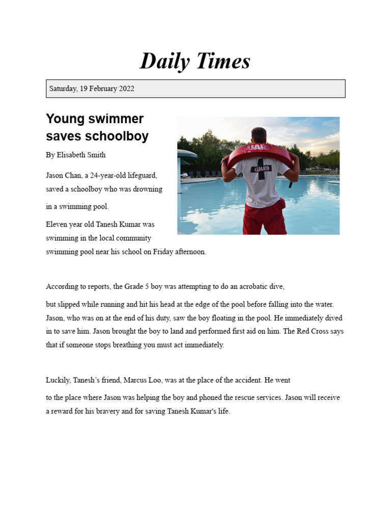 Lifeguard Saves Drowning Schoolboy | PDF