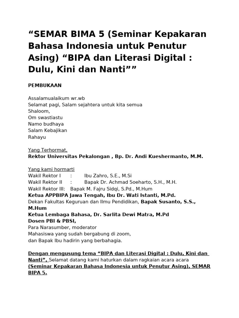 TEKS MC SEMINAR NASIONAL SEMAAR BIPA | PDF