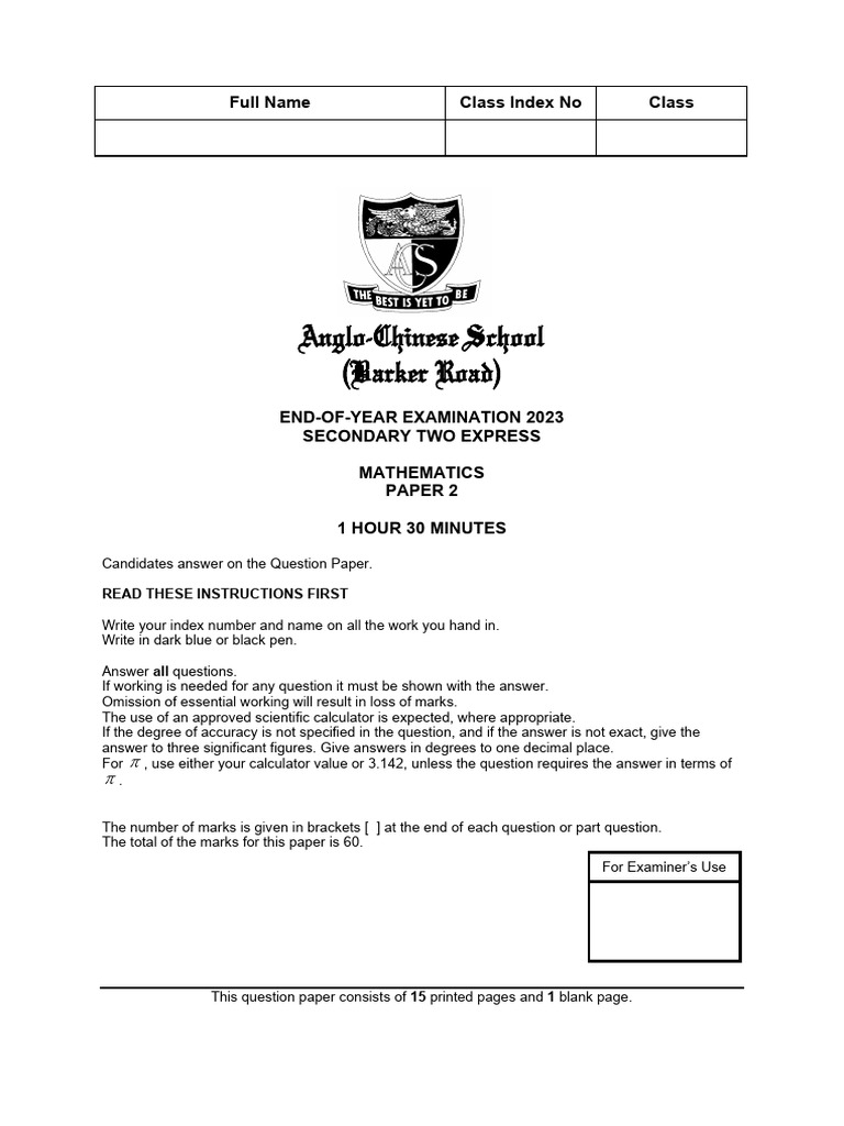 2023 s2 Acsbr Eoy Paper 2 | PDF | Area | Mathematics