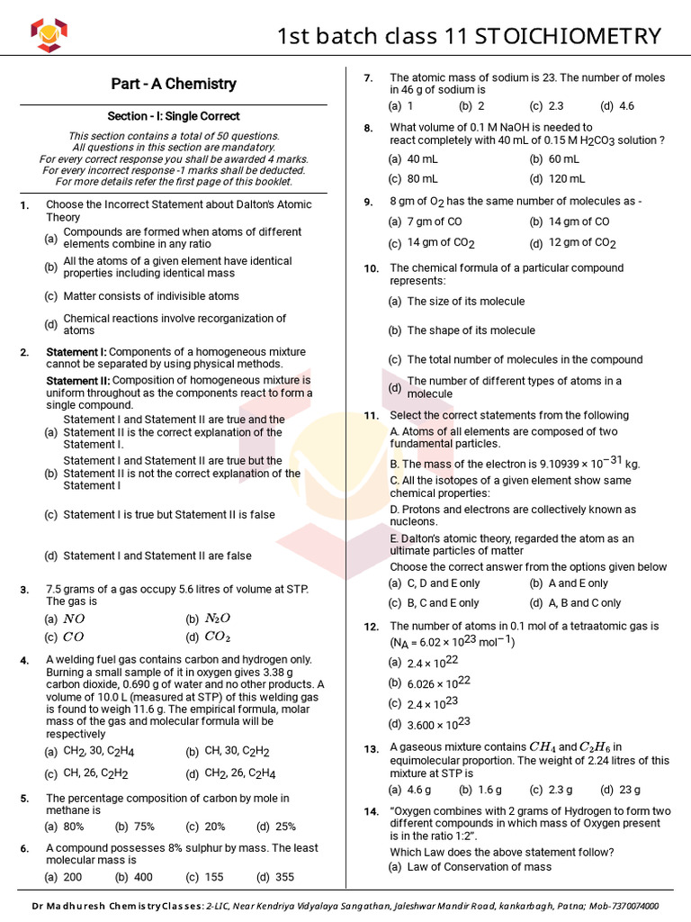 1st_batch_class_11_STOICHIOMETRY-18-Sep-2024 | PDF | Mole (Unit ...