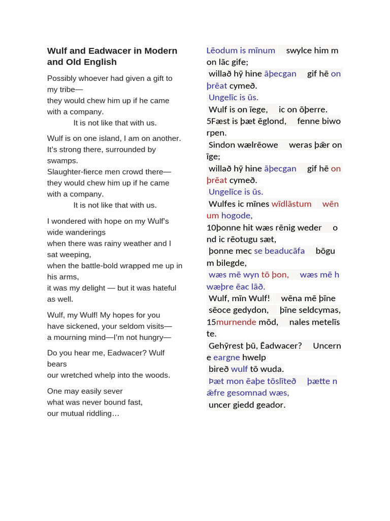 Wulf and Eadwacer: A Poetic Analysis | PDF