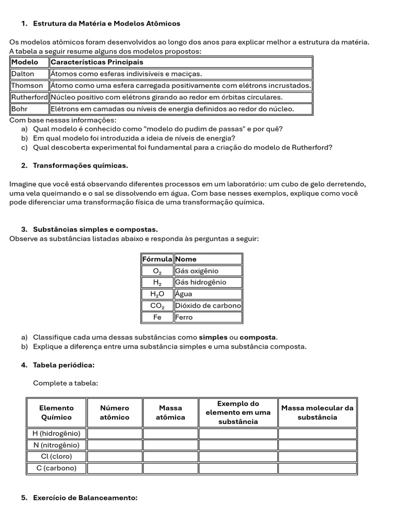 Lista De Exercicio Quimica 1 Ano Pdf Concentração Química