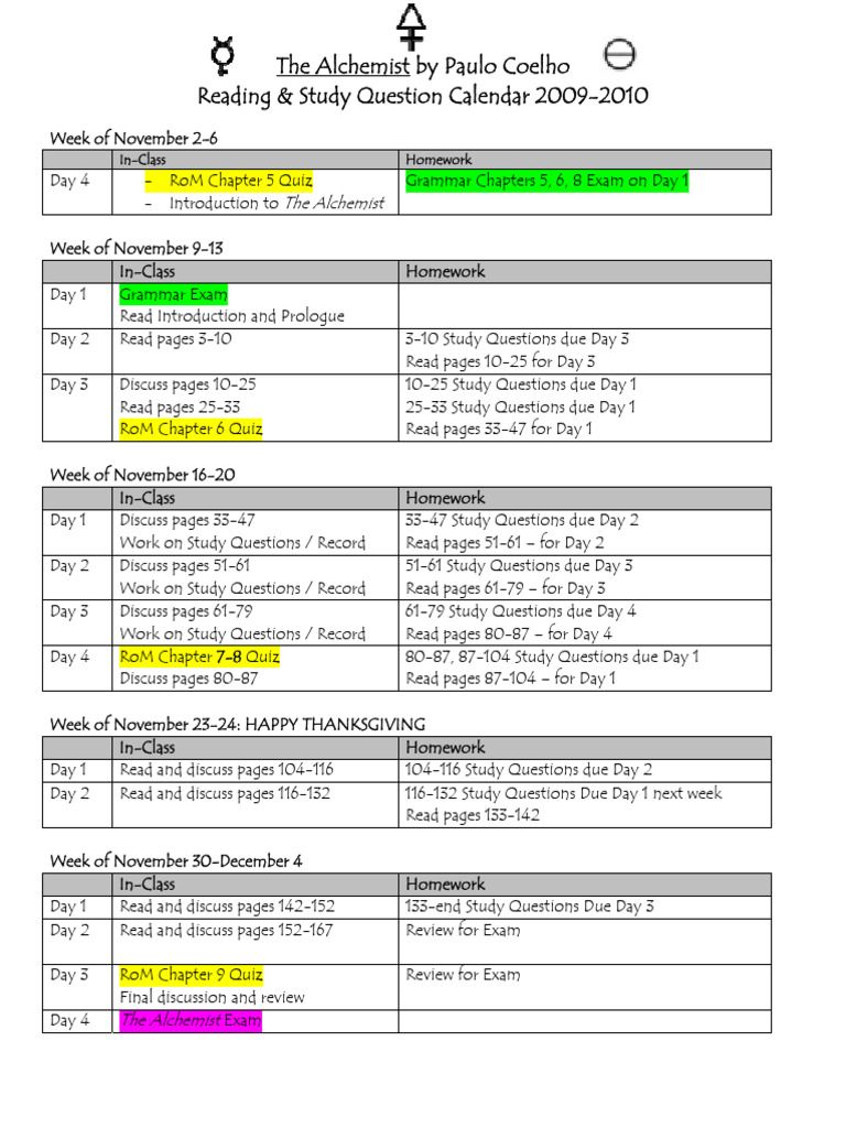 The Alchemist Study Guide Calendar | PDF