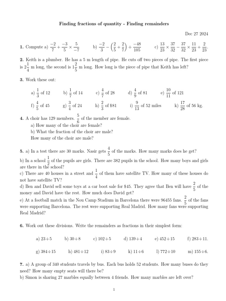 4. FINDING FRACTIONS OF A QUANTITY - FINDING REMAINDERS | PDF