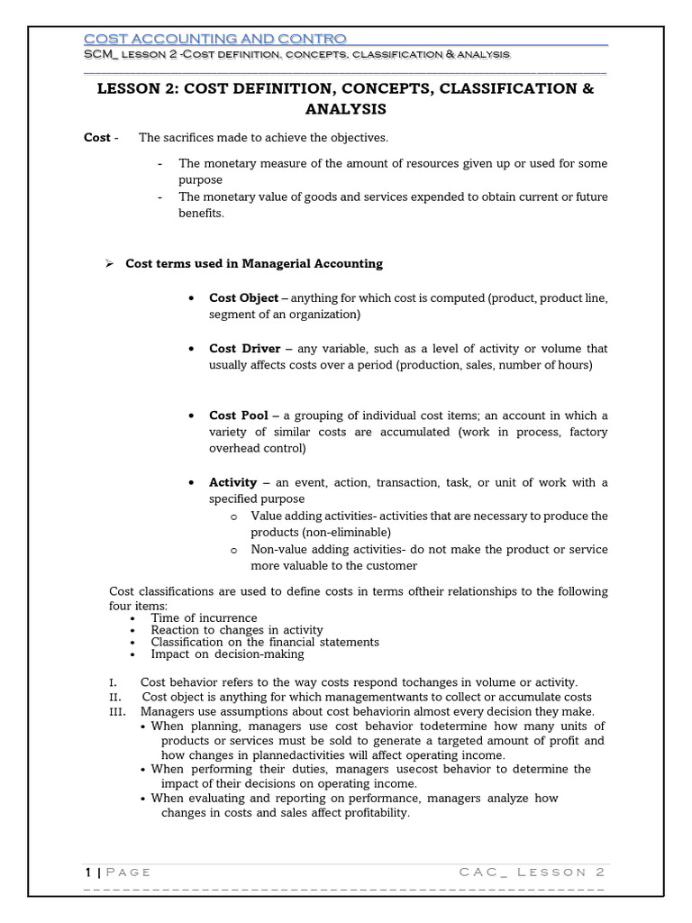 CAC_Lesson 2-Cost Definition, Concepts, Classification and Analysis | PDF | Cost | Cost Accounting