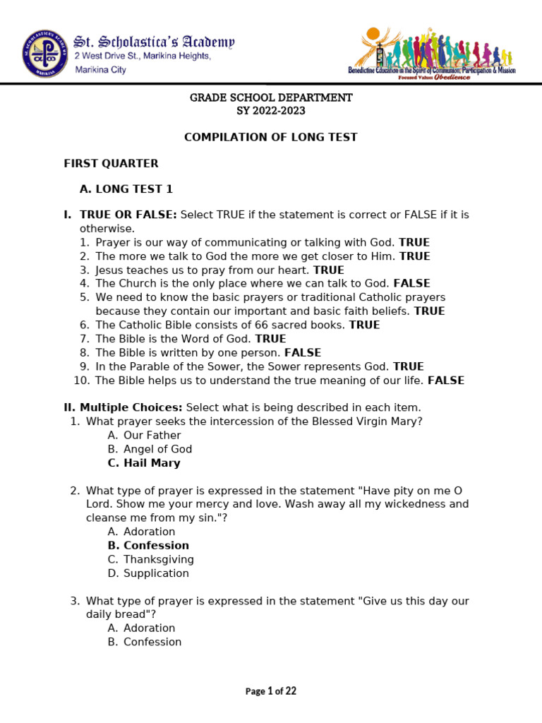 Grade School Catholic Long Test Compilation | PDF | Prayer | Jesus