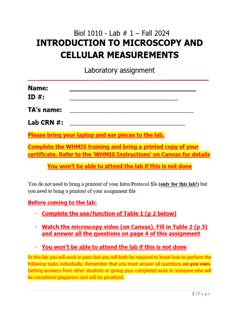 Lab 1 - Intro to Microscopy - Lab Assignment - F2024 | PDF | Angular Resolution | Microscope