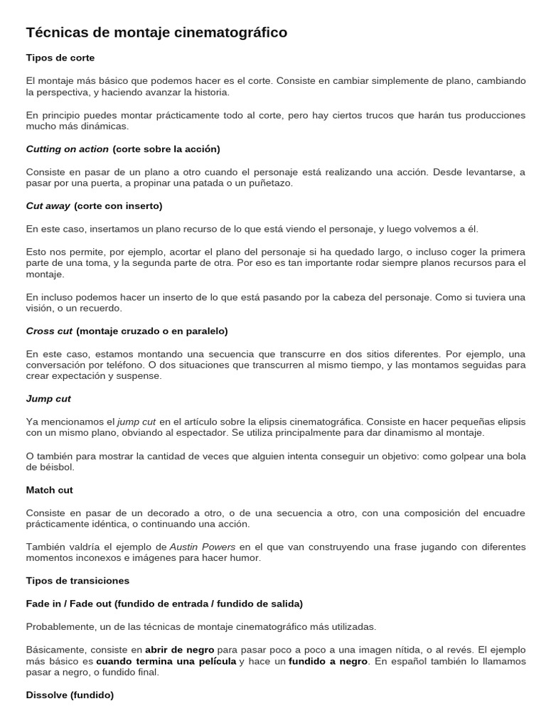 Técnicas de Montaje Cinematográfico | PDF