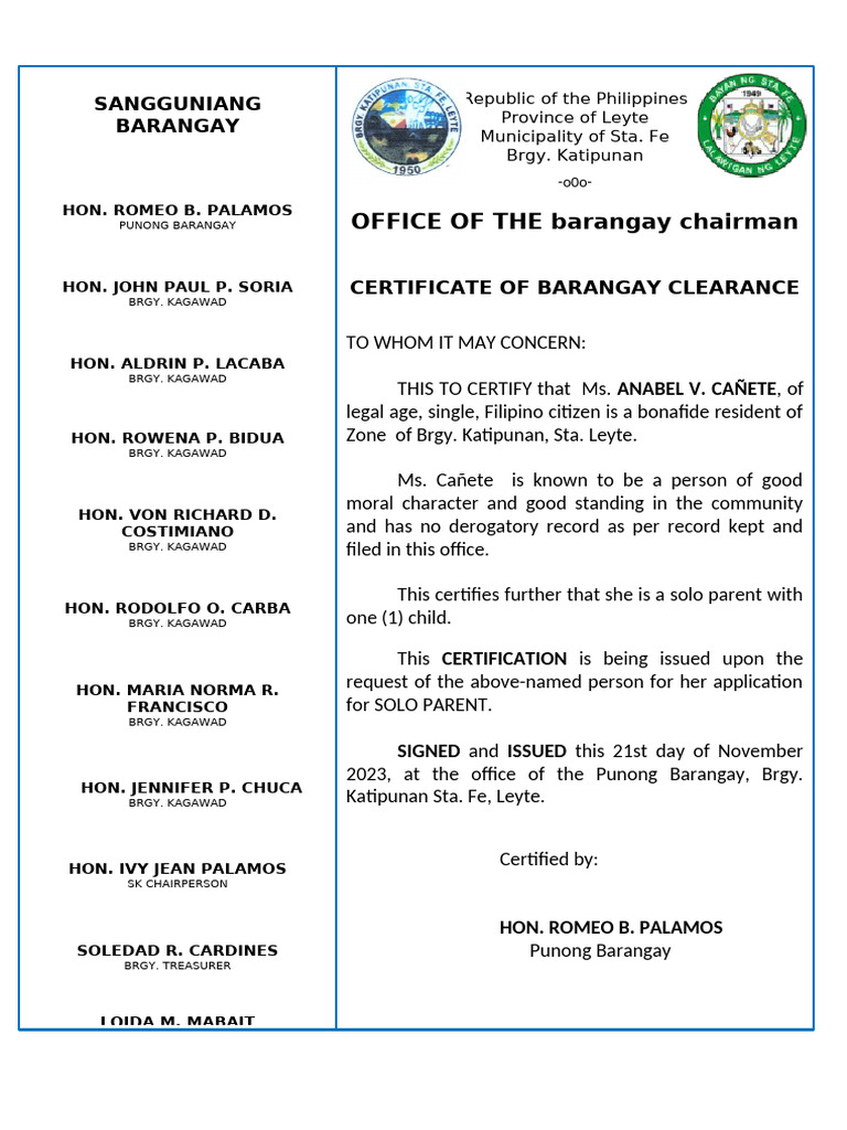 Brgy. Clearance For Solo Parent | PDF