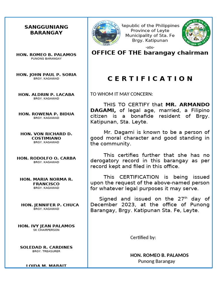 Barangay Certification for Legal Purposes | PDF