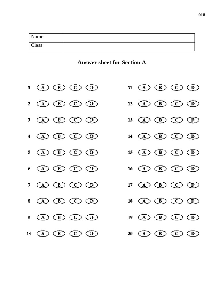 Answer Sheet Section A | PDF