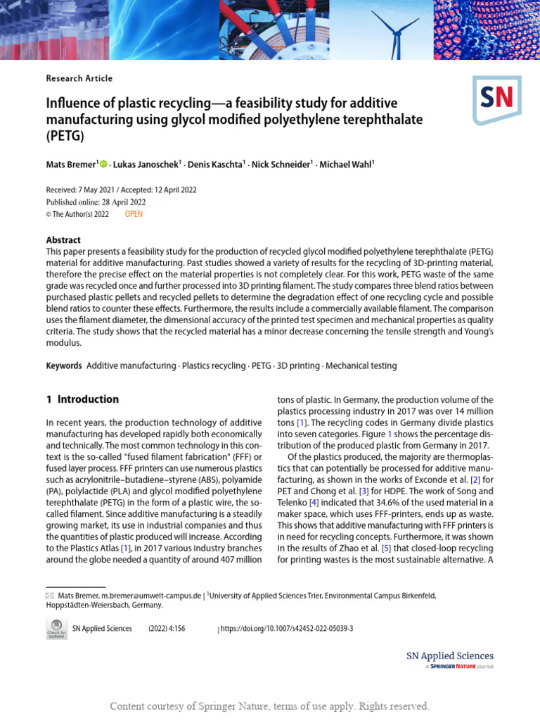 Influence of Plastic Recycling-A Feasibility Study | PDF | Extrusion | 3 D Printing