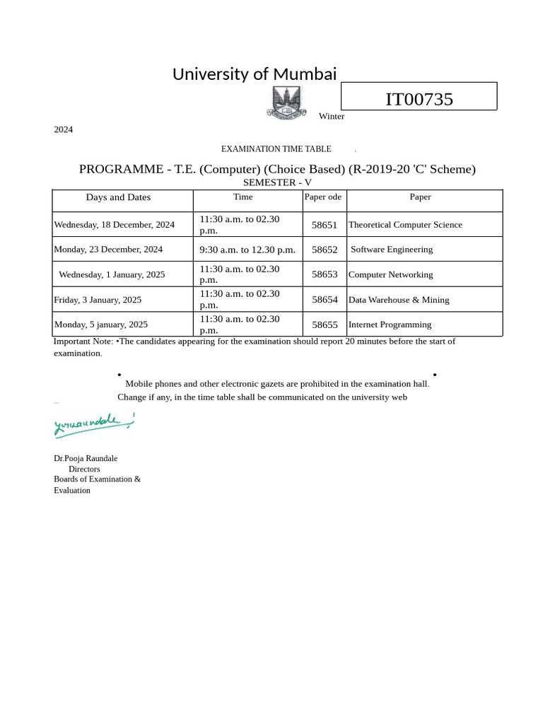 Mumbai University T.E. Computer Exam Timetable | PDF