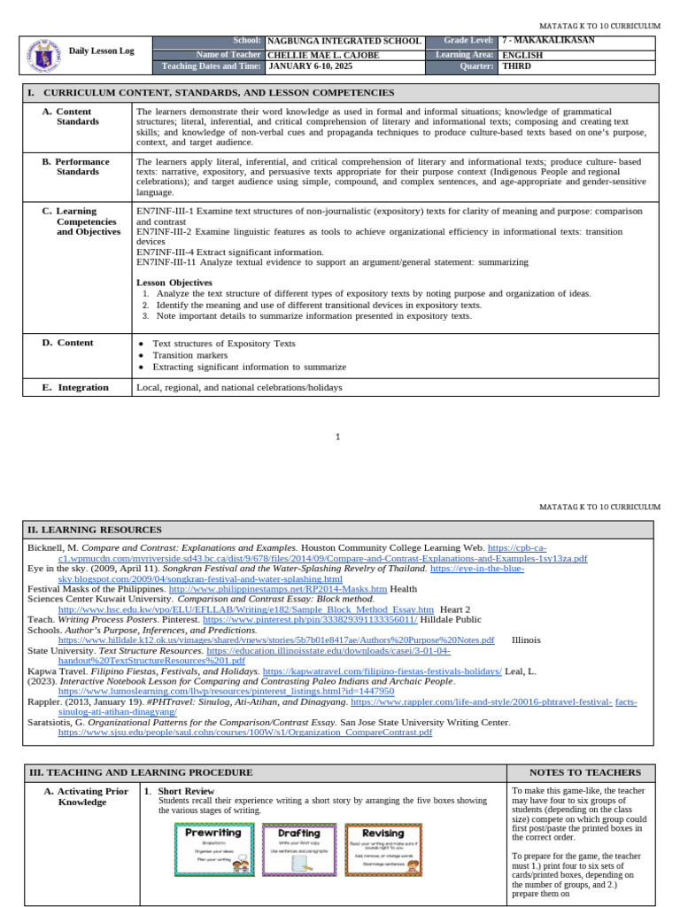 DLL Matatag - English 7 Q3 W1 | PDF | Human Communication | Linguistics