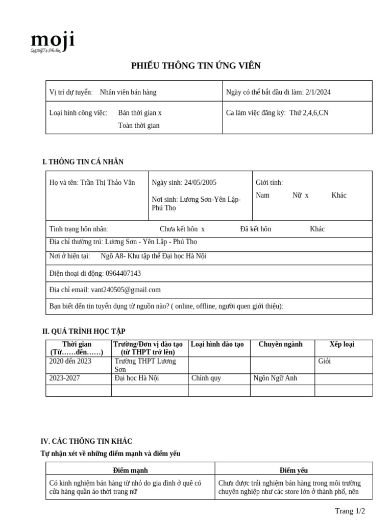 Moji Phiếu Thông Tin Ứng Viên | PDF