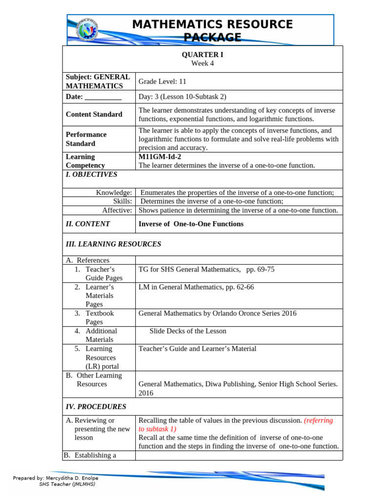Week 4 day 3 (Lesson 10-Subtask 2) | PDF | Function (Mathematics) | Learning