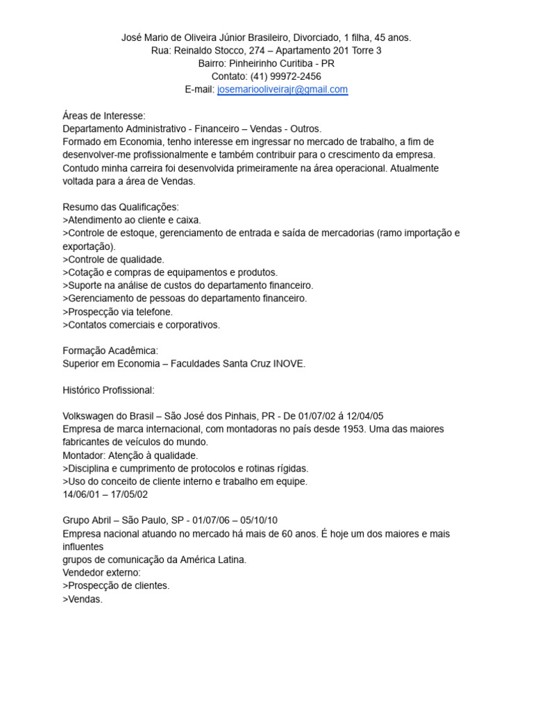 CV Jose Mario 2024 | PDF | Mercado (economia) | Economia