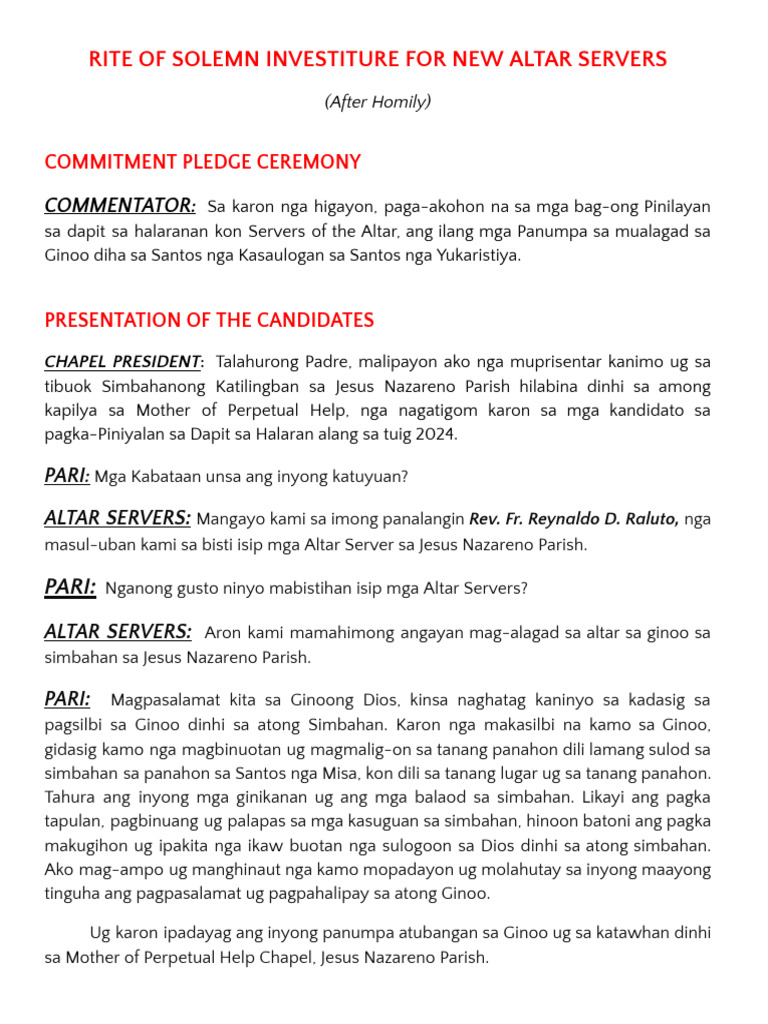 Rite of Solemn Installation For New Altar Servers | PDF