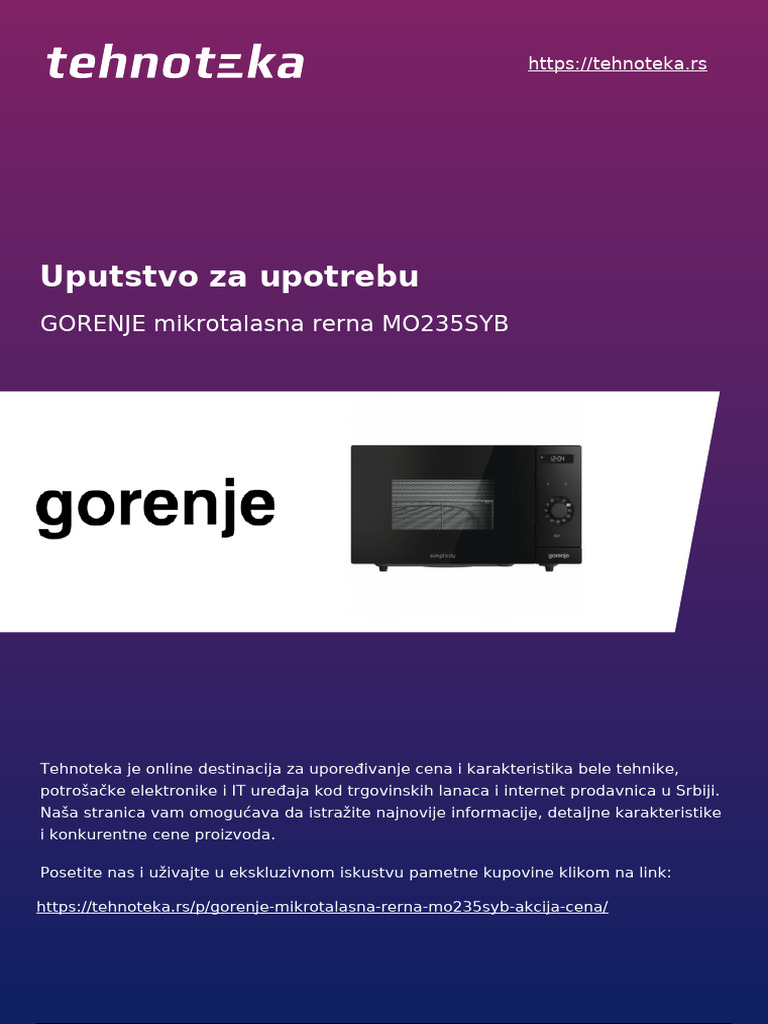 Uputstvo Za Koriscenje Gorenje Mikrotalasna Rerna Mo235syb 6381ebcf034b3 | PDF