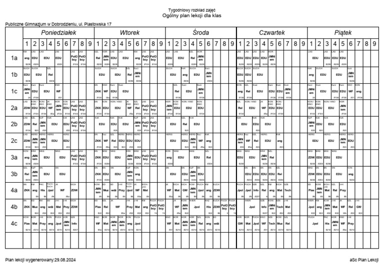Poniedziałek Wtorek Środa Czwartek Piątek: 1a 1b 1c 2a 2b 2c 3a 3b 4a ...