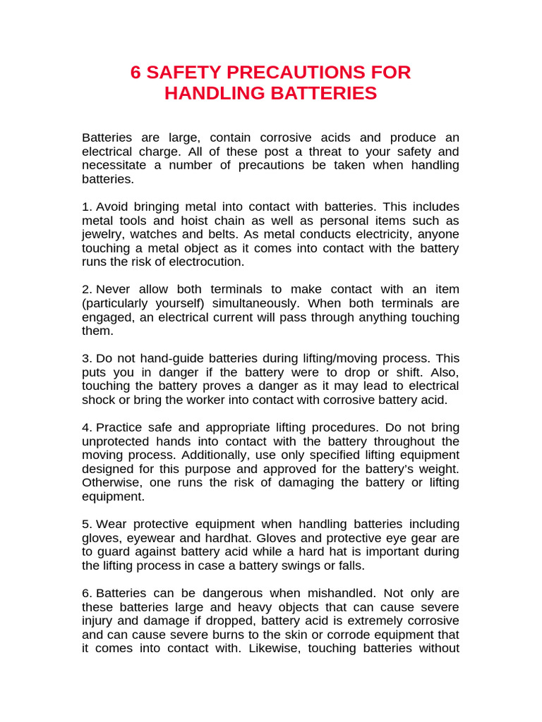 6 Safety Precautions For Handling Batteries | PDF | High Voltage