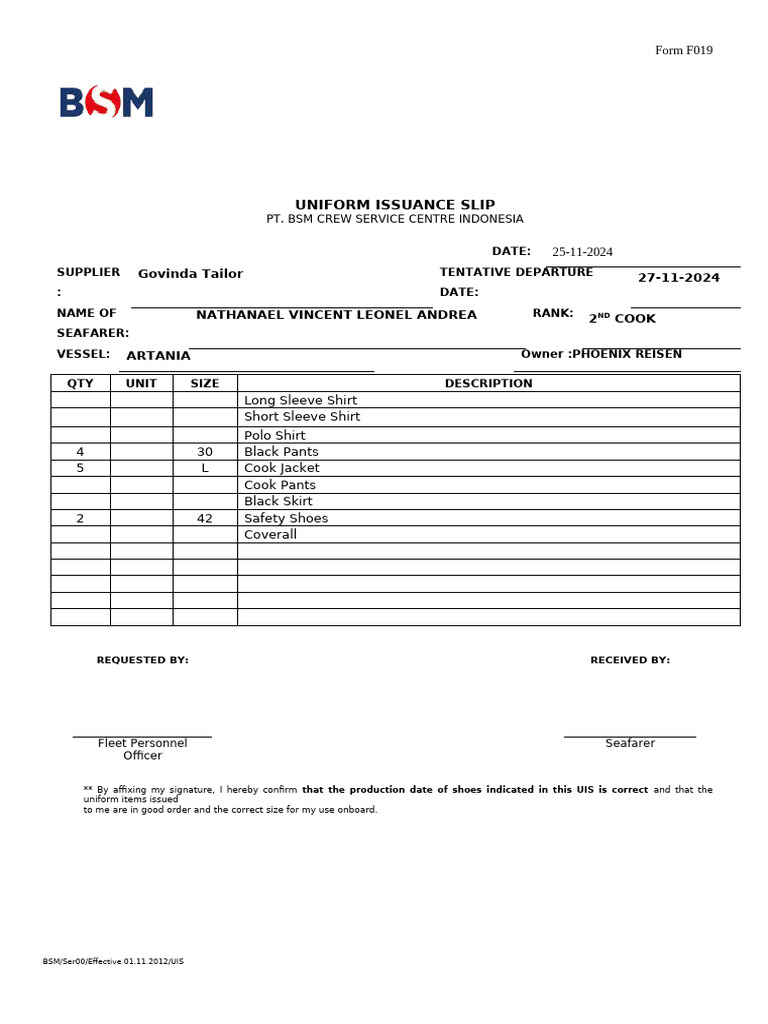 Seafarer Uniform Issuance Slip | PDF